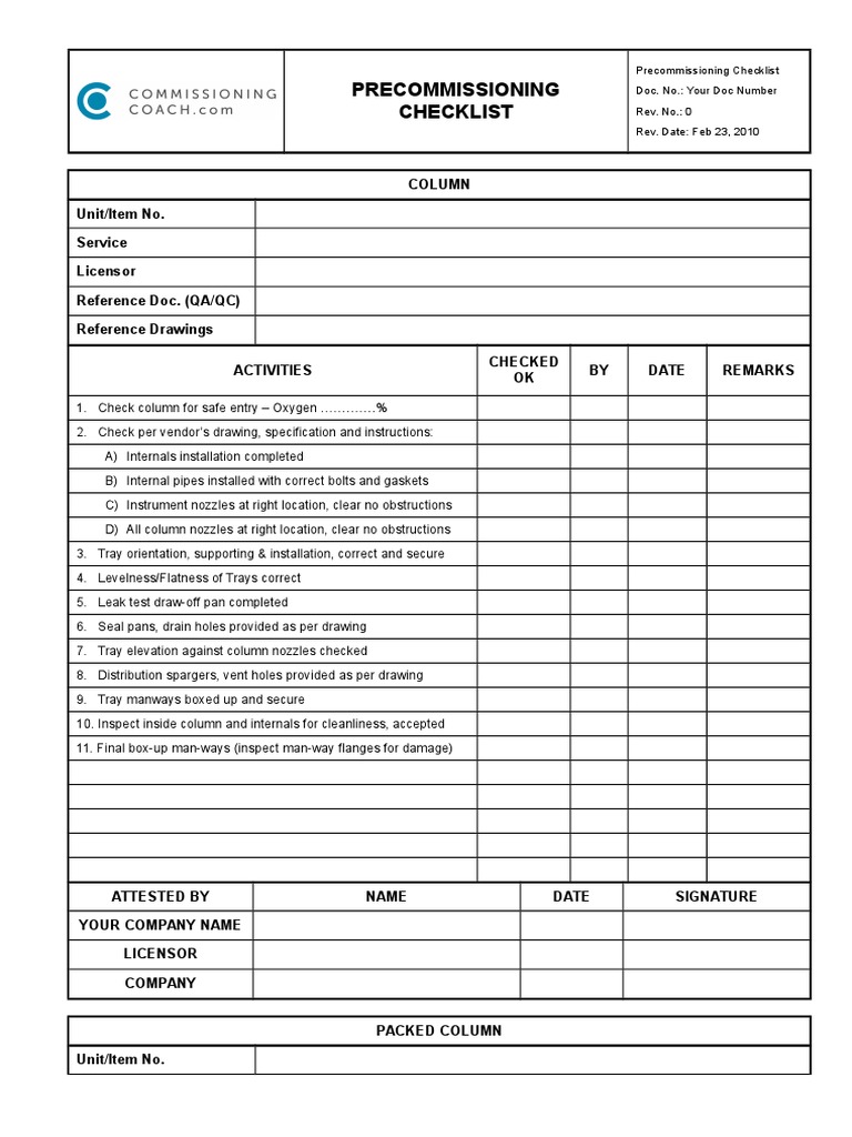 Pre Commissioning Checklists | PDF