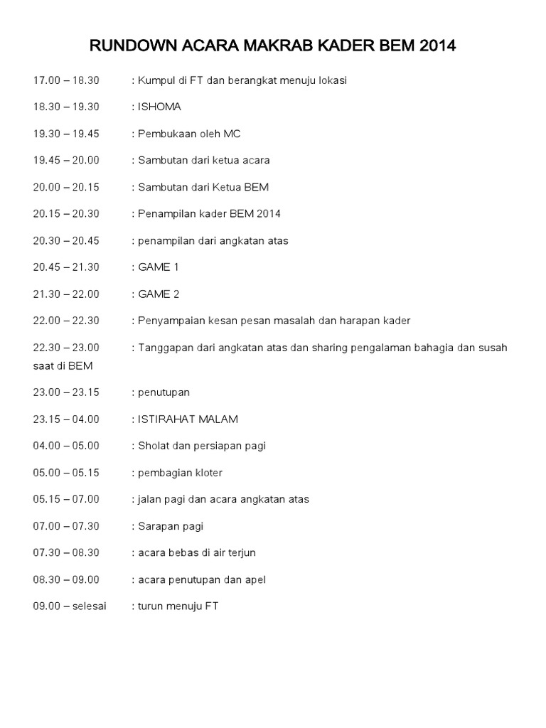 Rundown Acara Makrab Kader Bem 2014 | PDF | Olahraga & Rekreasi
