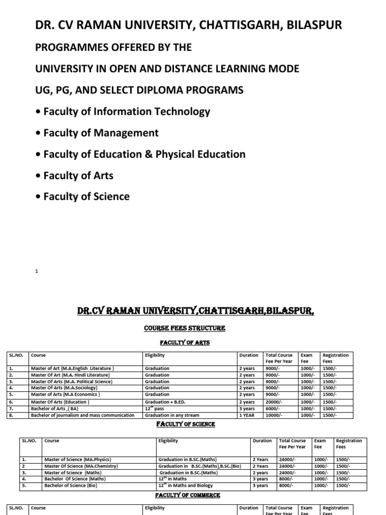 Dr. CV Raman University Programmes and Fees Structure: A Comprehensive ...
