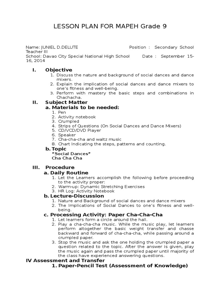 Grade 9 Lesson Plan Lesson Plan Teachers