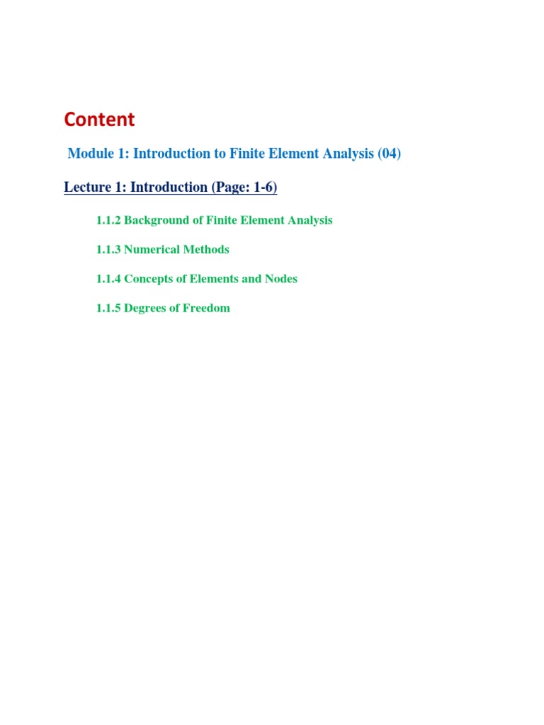 Finite Element Analysis Content Lecture Module 1 7 Pdf Finite Element Method Bending
