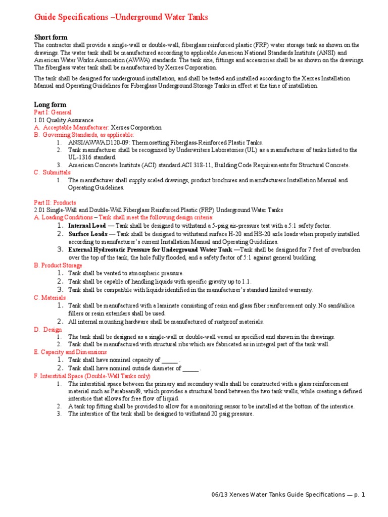 Underground Water Tanks Guide Specifications0 | PDF | Manmade Materials ...