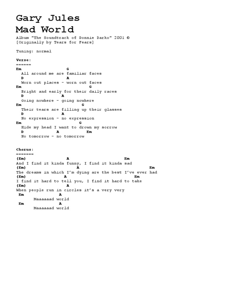 Mad World Lyrics and Chords | PDF | Poetry