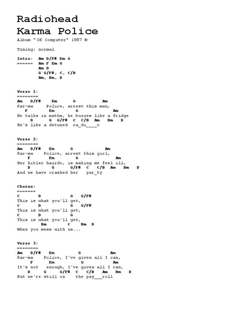 Karma Police Guitar Chords