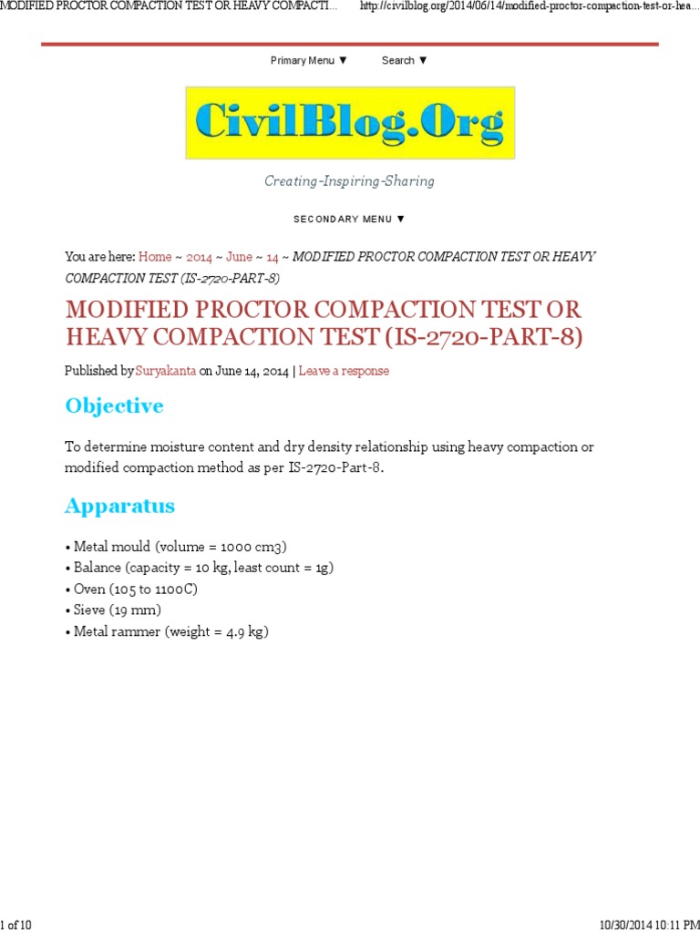 Modified Proctor Compaction Test or Heavy Compaction Test | PDF