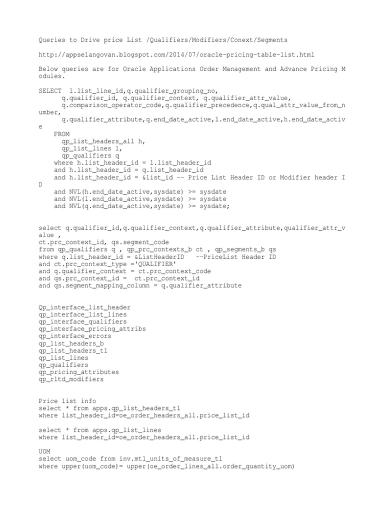Queries To Drive Price List - Qualifiers-Modifiers-Conext-Segments | PDF