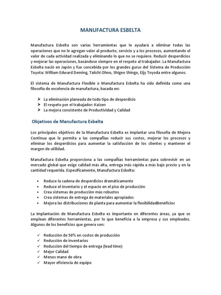 Manufactura Esbelta | PDF | Lean Manufacturing | Gestión de proceso