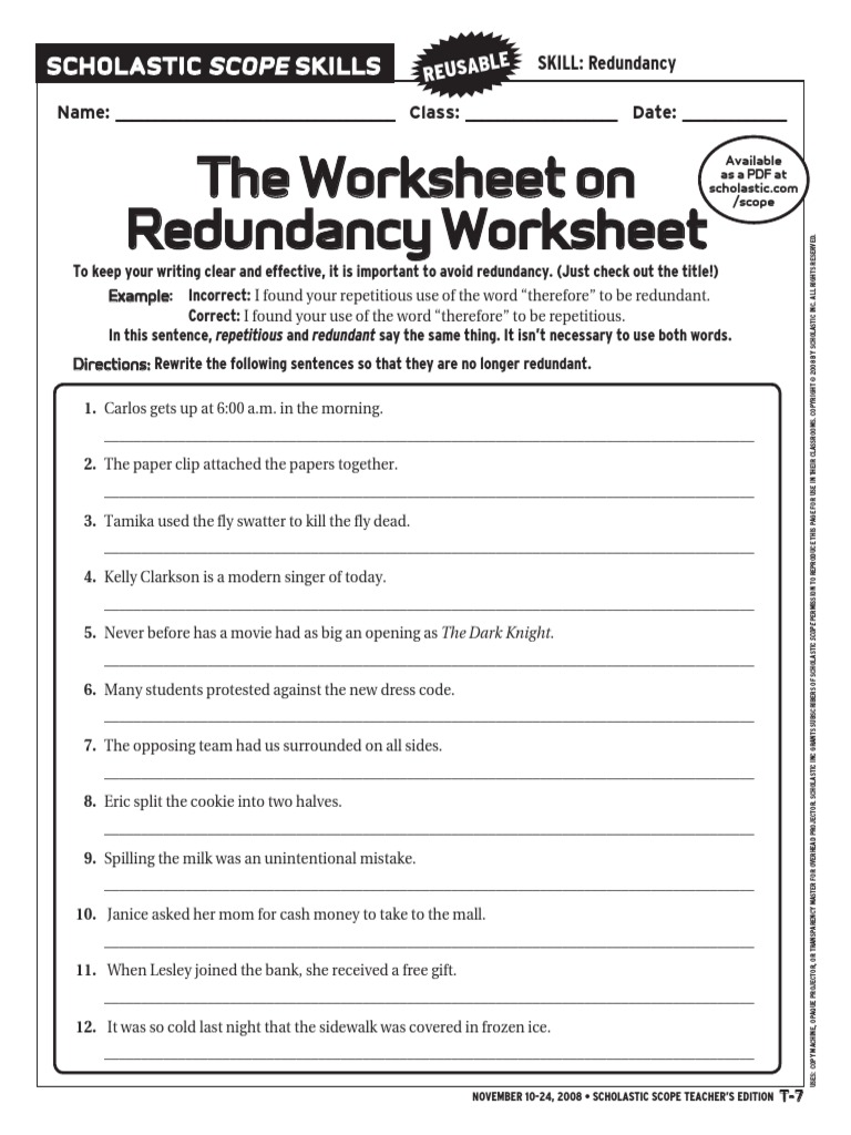 Redundancy Worksheet 4 | PDF