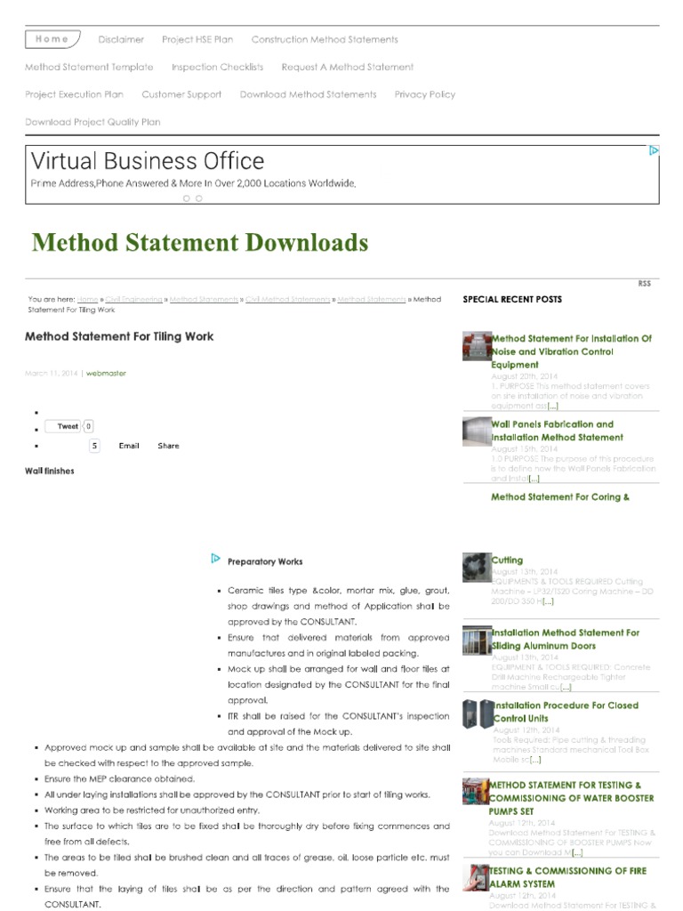 Method Statement For Tiling Work PDF | PDF