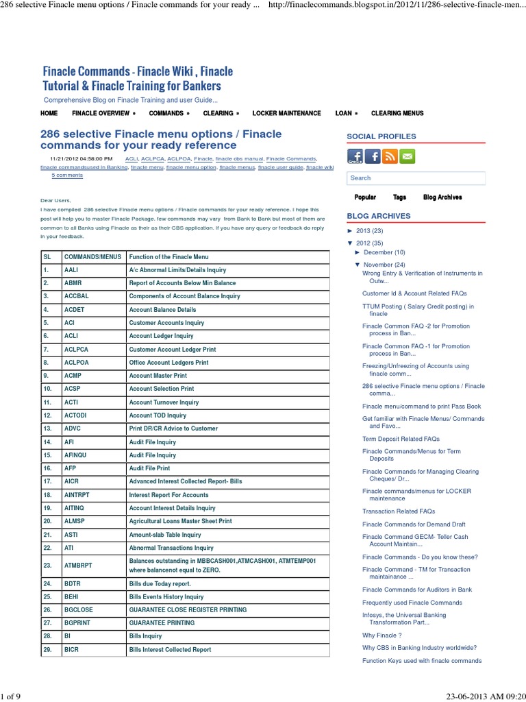 Finacle Menu Options and Commands Guide | PDF | Debits And Credits | Menu