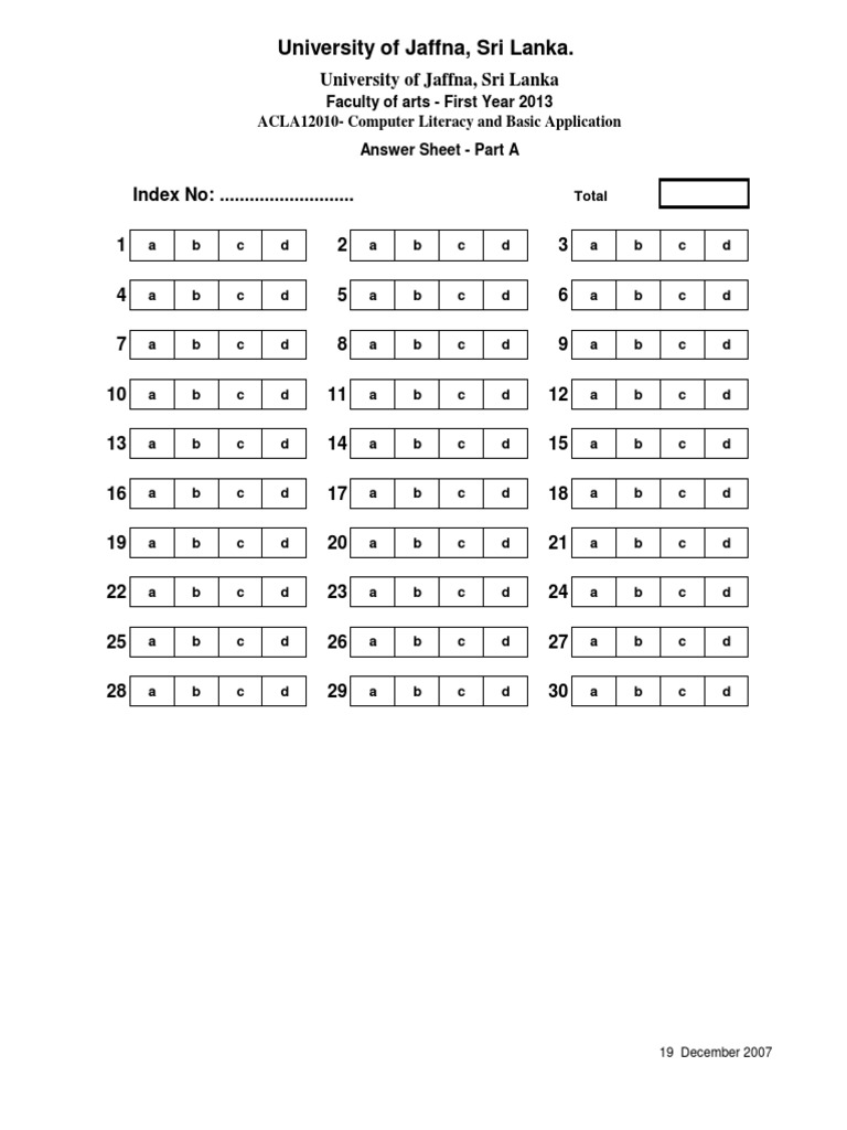 A/L MCQ Answer Sheet - Sri Lanka | PDF