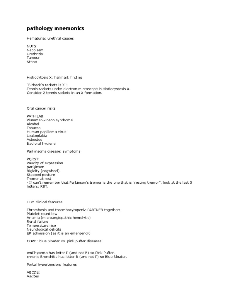 Pathology Mnemonics | PDF | Epithelium | Carcinoma