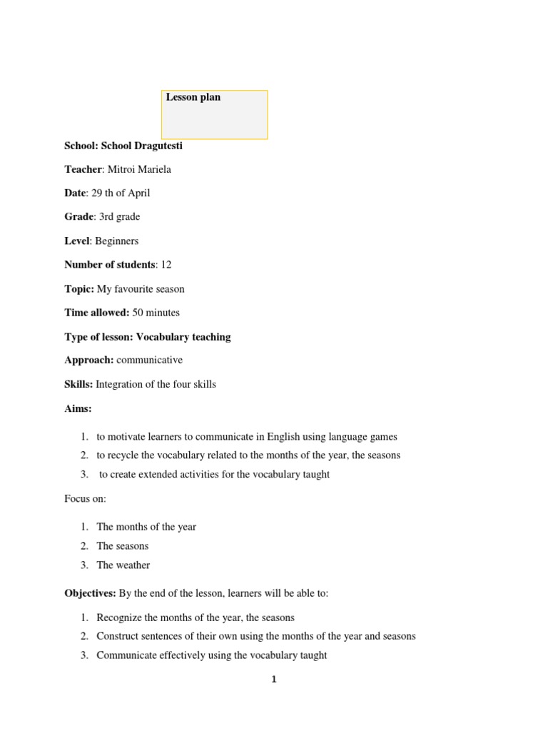 0 Lesson Plan 4th Grade. | PDF | Lesson Plan | Vocabulary