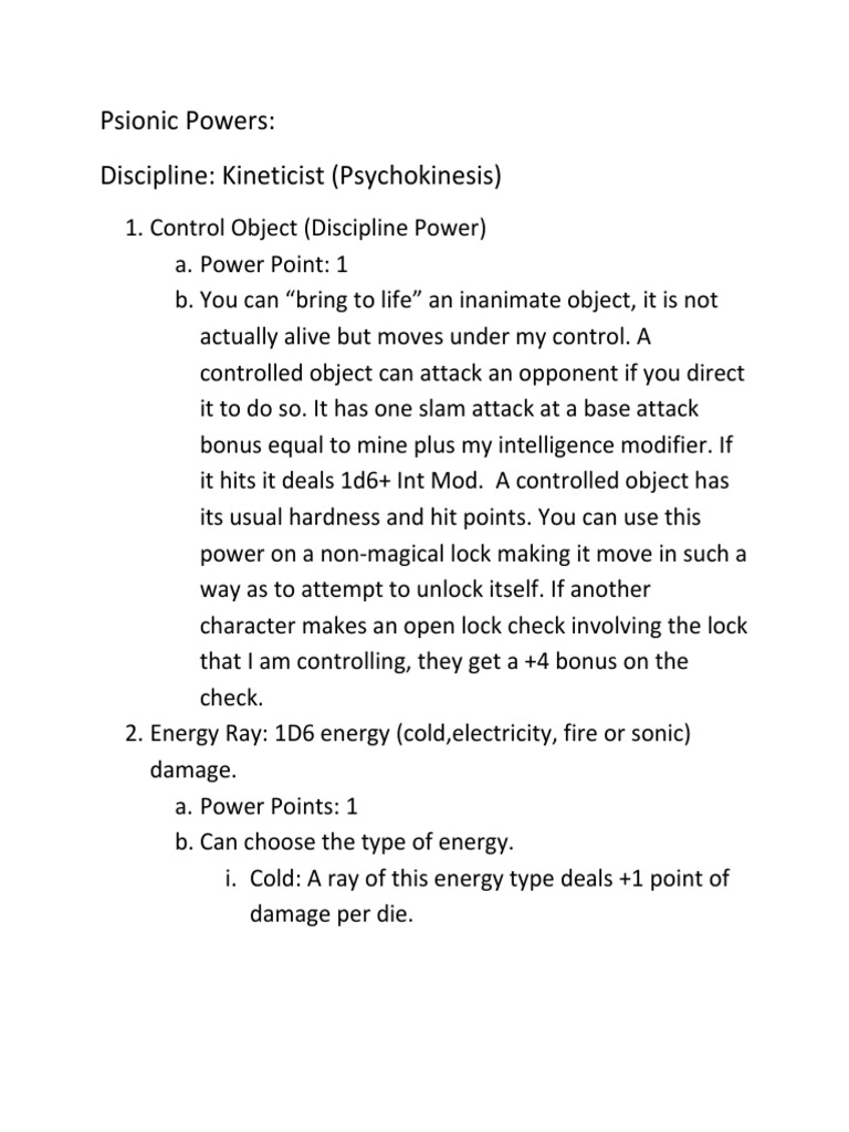 Psionic Powers: Discipline: Kineticist (Psychokinesis) | PDF