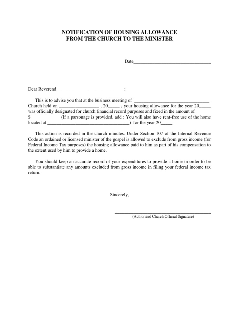 Notification of Minister Housing Allowance | PDF
