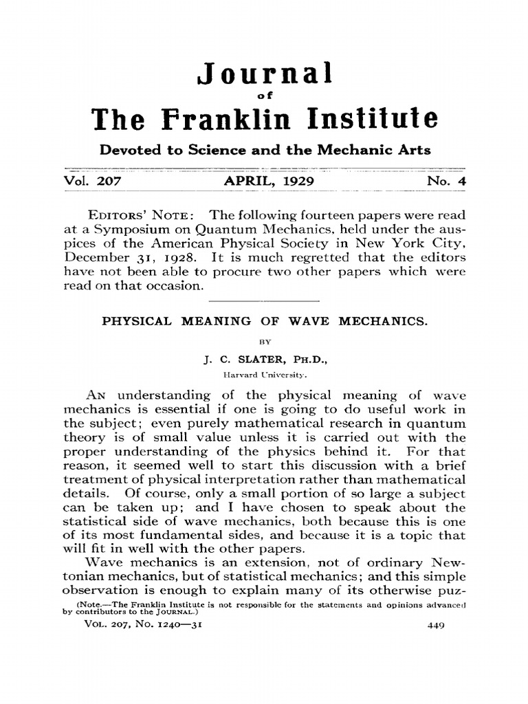 1929 - Slater. Physical Meaning of Wave Mechanics (J. Franklin Inst.) 1 ...