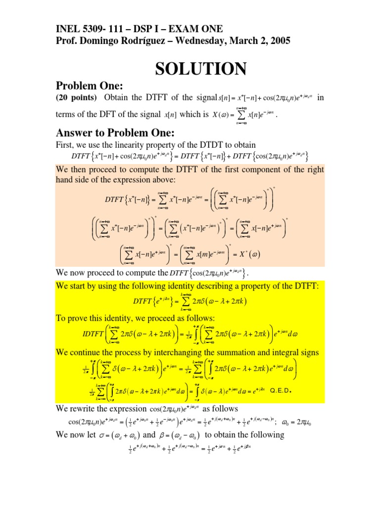 Exam 1 DSP S2005 Solution | PDF | Discrete Fourier Transform | Signal (Electrical Engineering)