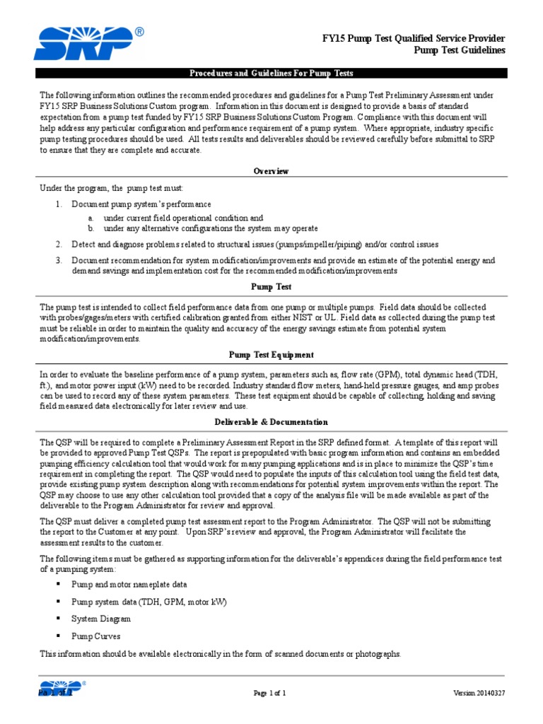 Procedures and Guidelines For Pump Tests: FY15 Pump Test Qualified ...