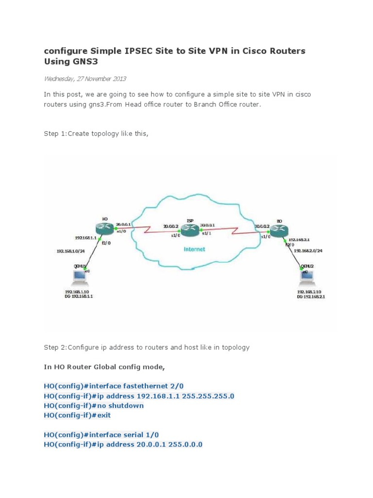 Configure Simple Ipsec Site To Site Vpn In Cisco Routers Using Gns3 Pdf Router Computing