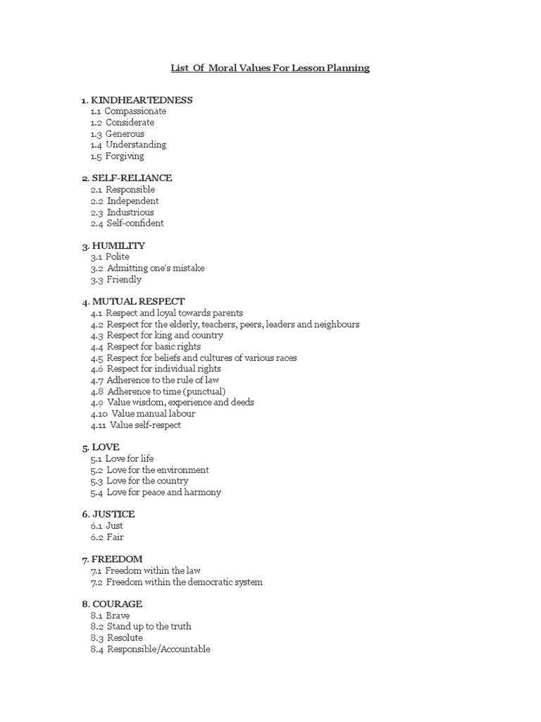List Of Moral Values And Their Descriptors For Developing Lesson Plans ...