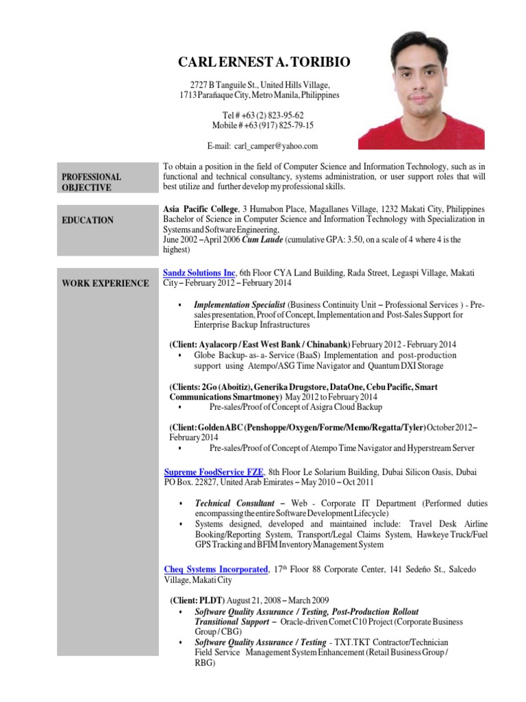 Carl Ernest A. Toribio - Resume Highlighting Extensive Experience in IT Consulting, Systems ...
