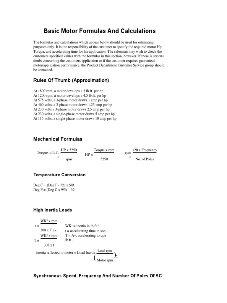 Basic Motor Formulas and Calculations | PDF