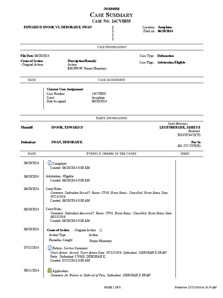 Snook vs. Swan Defamation Case Summary | PDF | Judgment (Law) | Lawsuit