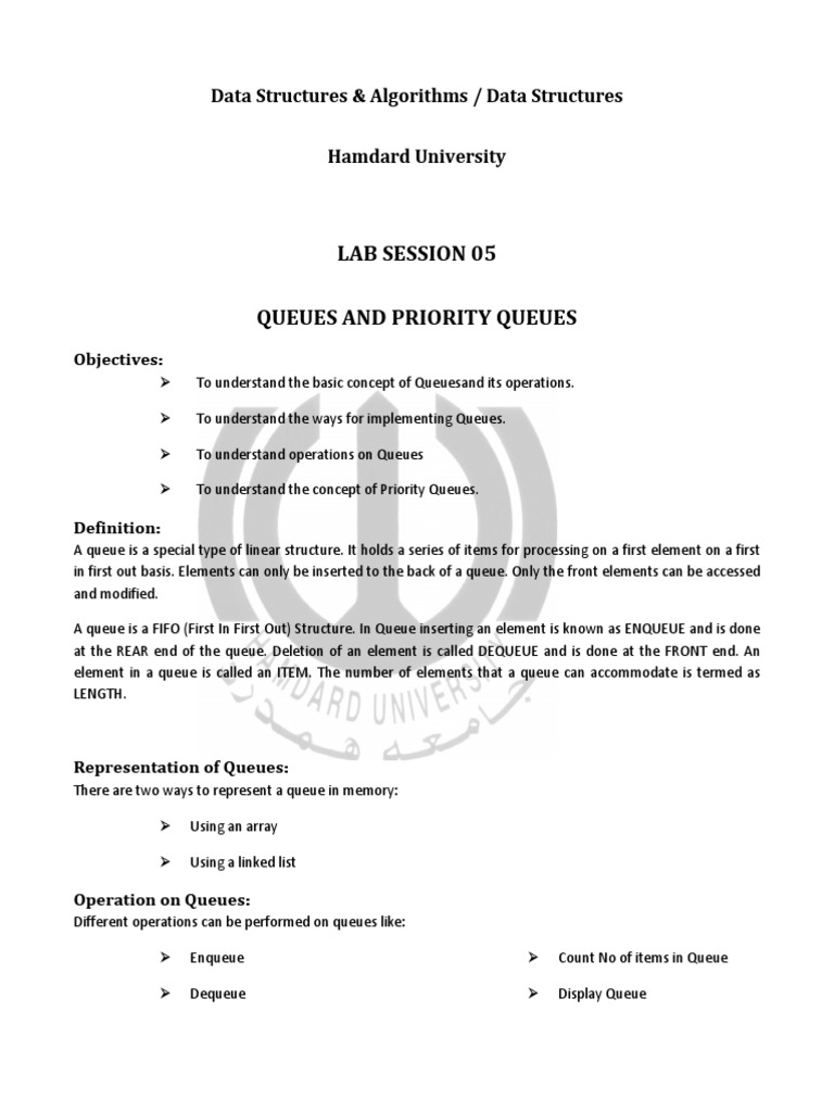 Lab Session 05 Queues and Priority Queues: Data Structures & Algorithms ...