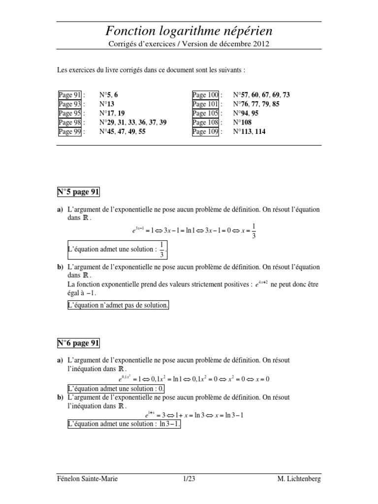 Logarithme Neperien (Exercices) V122012 | PDF | Fonction exponentielle ...