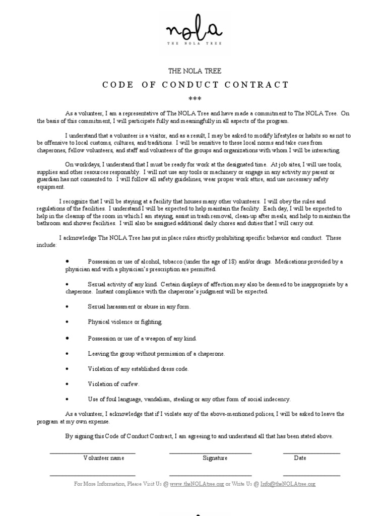 Official Volunteer Code of Conduct Contract | PDF | Aggression ...