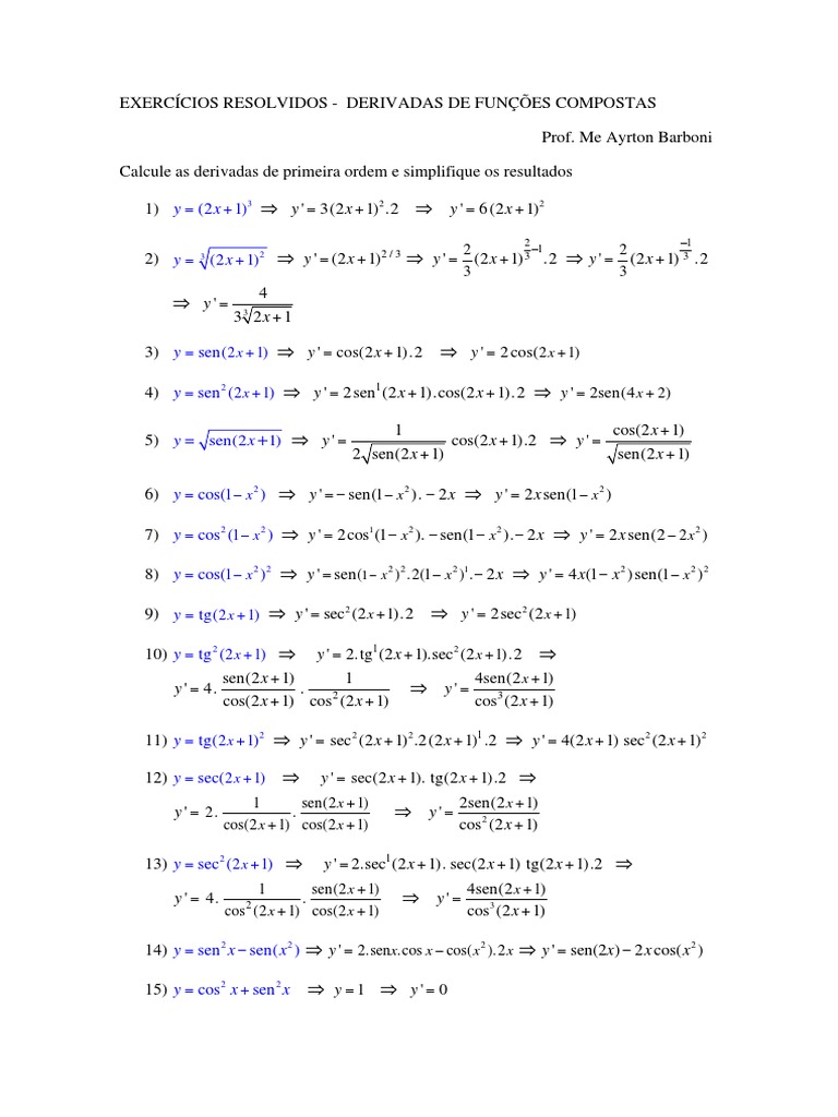 02 - Exercícios de Derivadas de Funções Compostas - Resolvidos | PDF