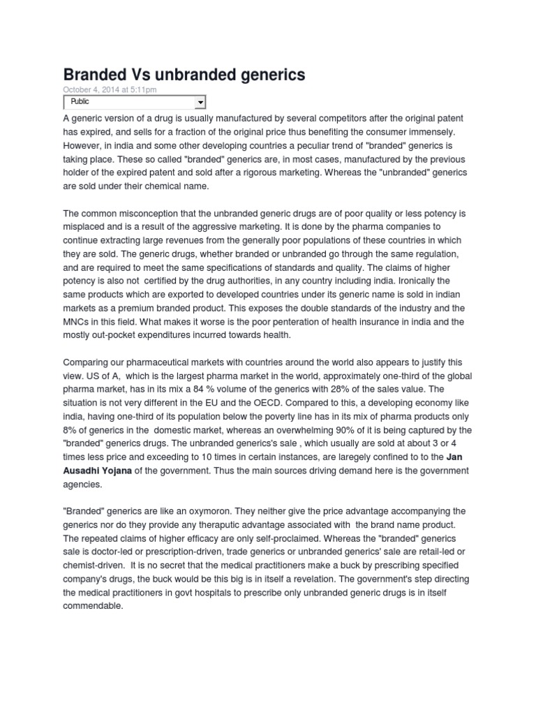 Branded Vs Unbranded Generics | PDF | Generic Drug | Pharmaceutical ...