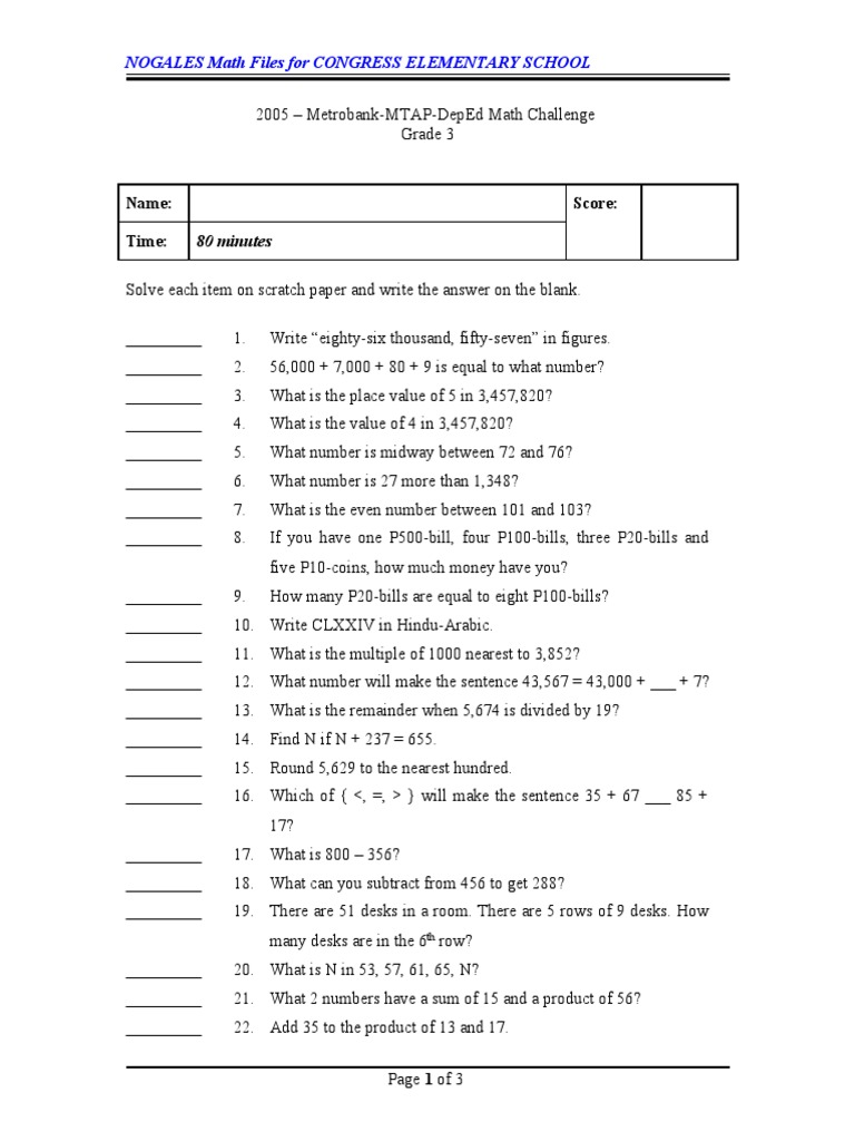 Grade 3 MTAP Elimination - 2005 | PDF | Teaching Mathematics | Science