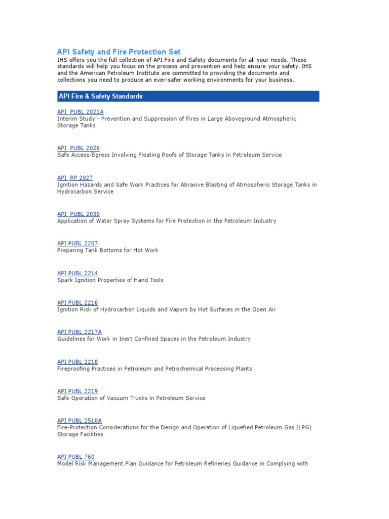 API Fire Safety Standards Collection | PDF | Petroleum | Industries