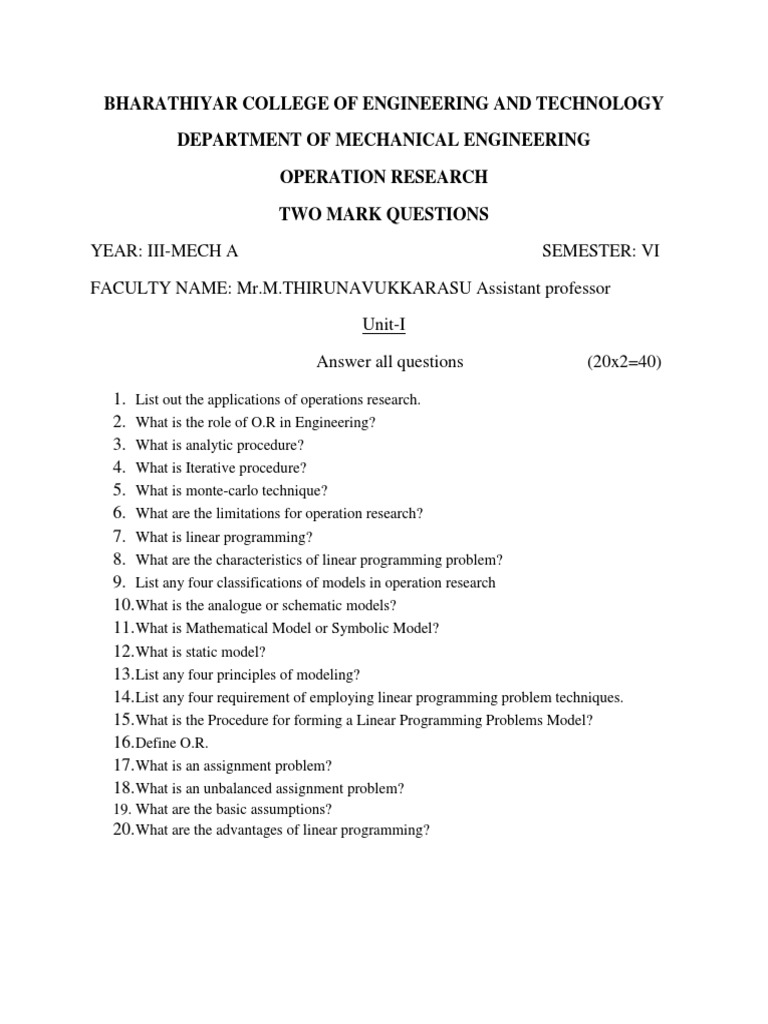 Operations Research: Two Mark Questions | PDF | Dynamic Programming ...