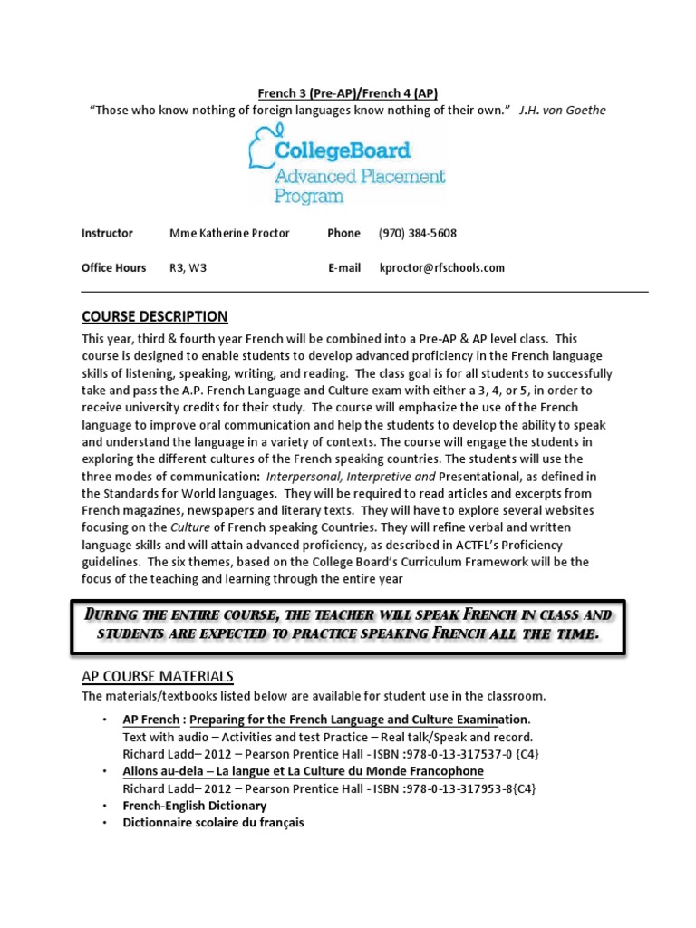 French Preap and Ap Syllabus | PDF | Advanced Placement | Test (Assessment)
