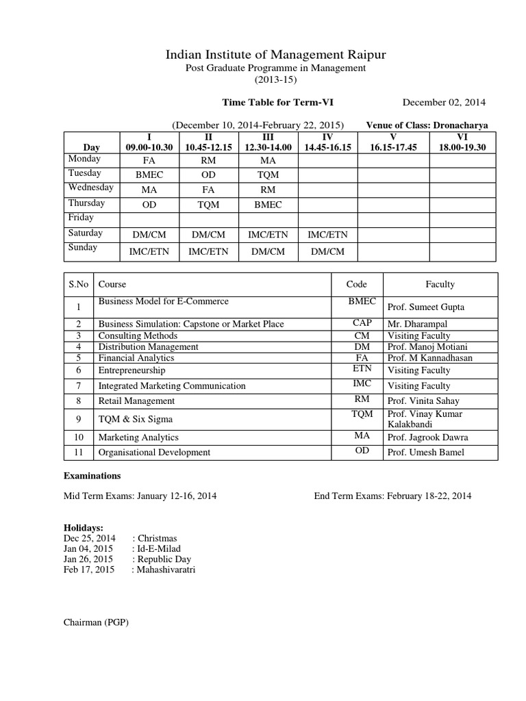Tentative Time Table | PDF | Career & Growth