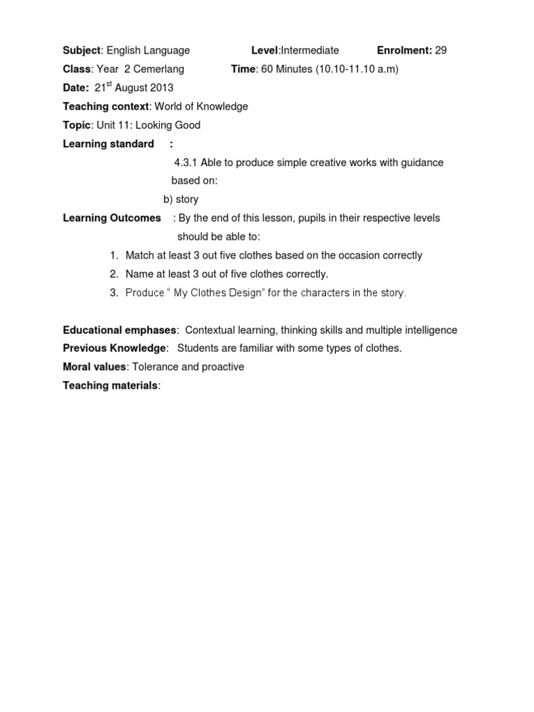 Language Art Lesson About Clothes | PDF | Lesson Plan | Teachers
