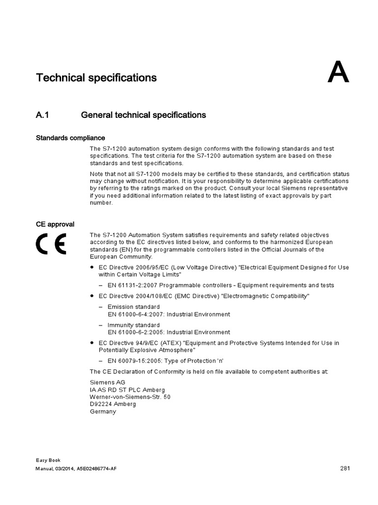S7-1200 DataSheet | Electromagnetic Compatibility | Power Supply