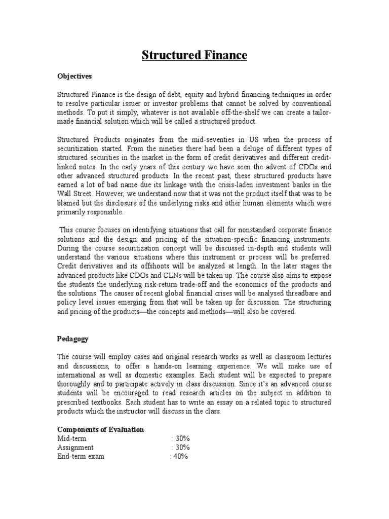 Structured Finance Course Outline | PDF | Collateralized Debt ...