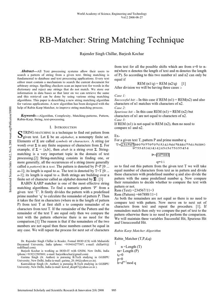 RB Matcher String Matching Technique | PDF | String (Computer Science) | Time Complexity