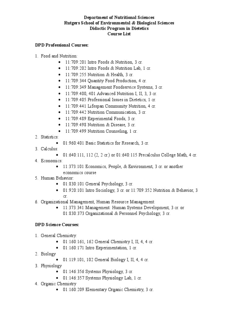 DPD Course List for Dietetics Program | PDF