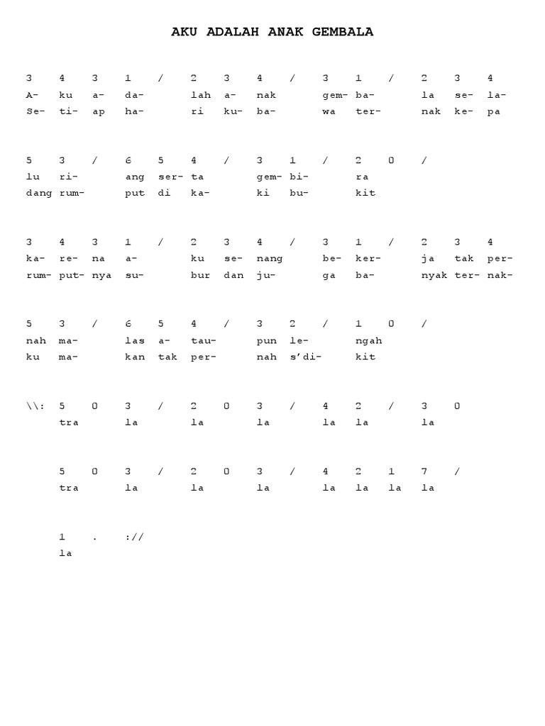 Lagu Anak Gembala: Lirik dan Notasi | PDF | Kajian Bahasa Asing | Sains ...