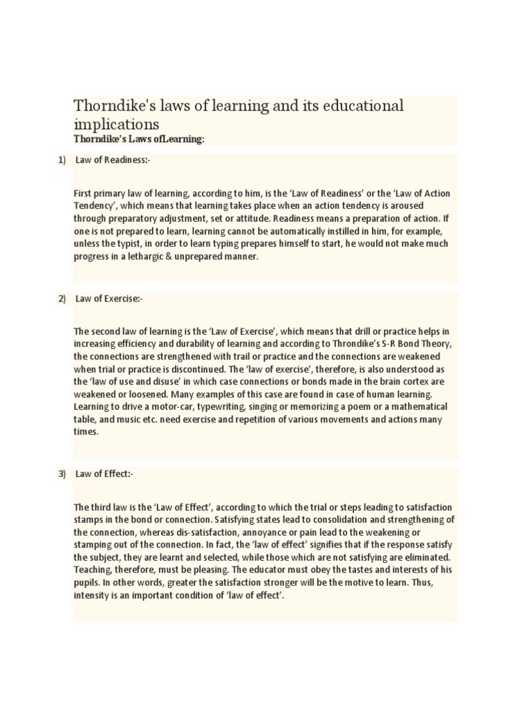 Thorndike's Laws of Learning Explained | PDF | Teachers | Motivation