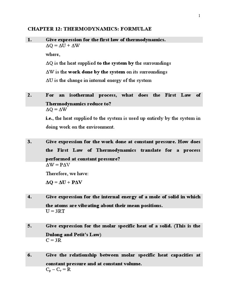 Chapter 12 - Thermodynamics - Formulae | PDF | Heat | Heat Capacity