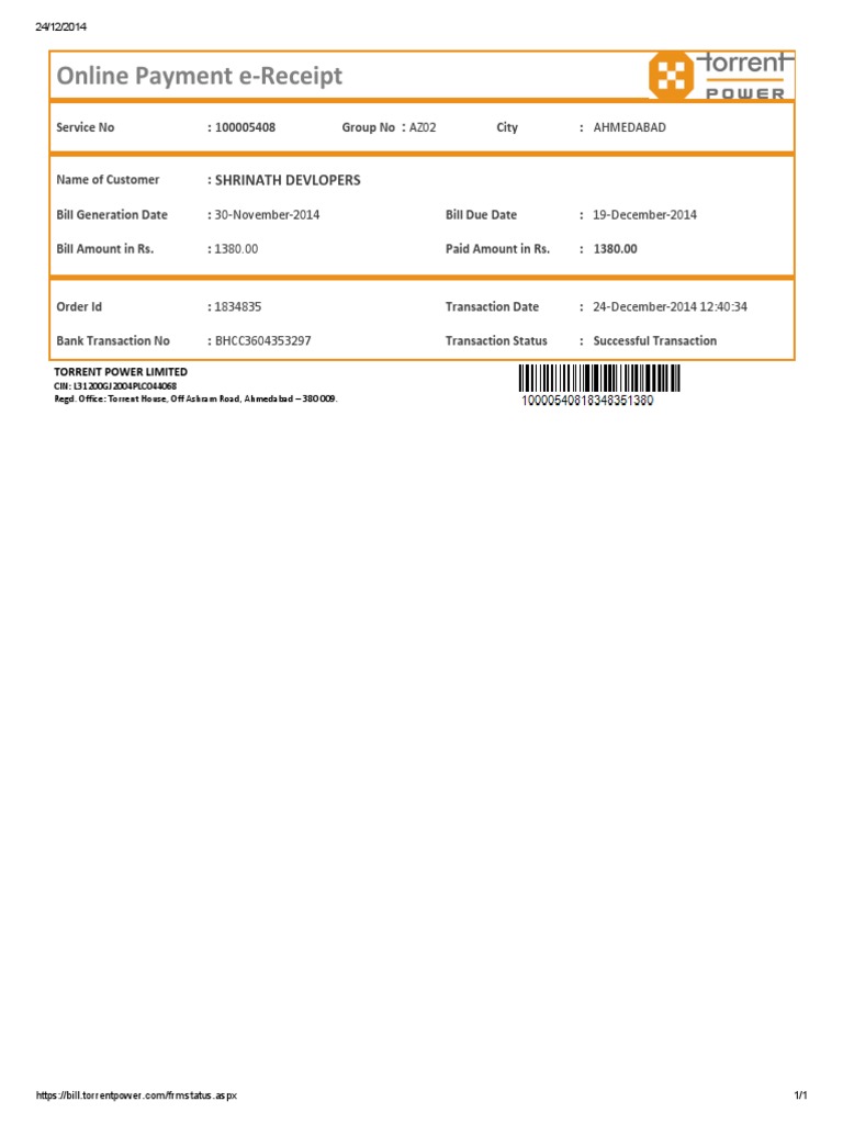 Torrent Power Payment Receipt | PDF