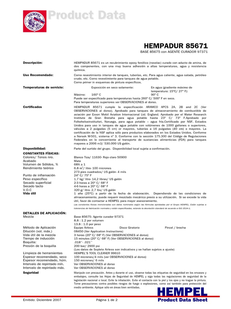 Revestimiento Epoxy HEMPADUR 85671 | PDF | Revestimiento | Agua