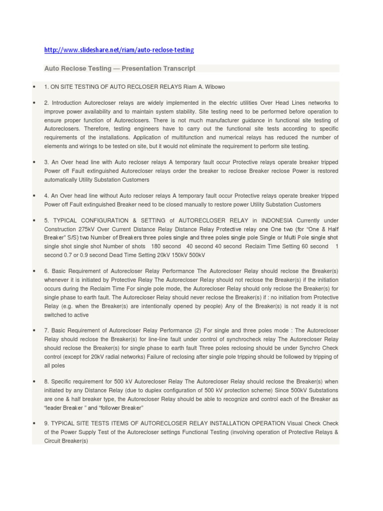 Auto Reclose Testing | Download Free PDF | Relay | Electrical Engineering