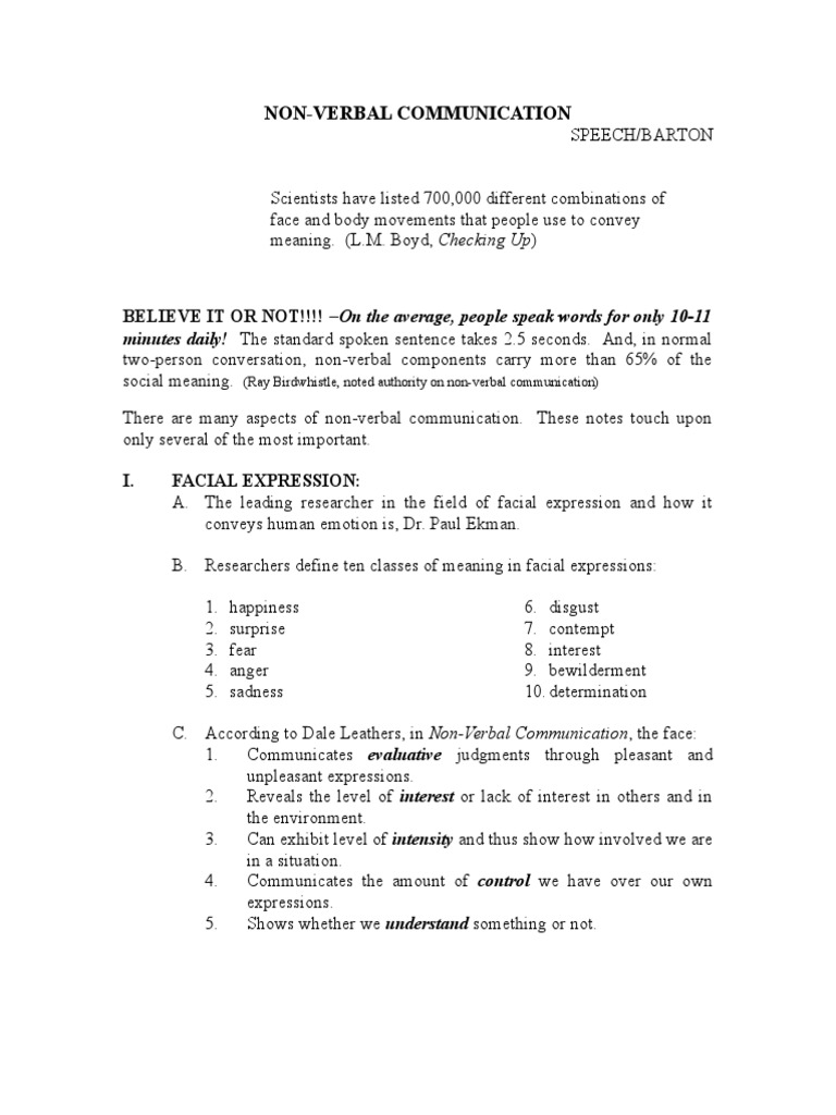 Non-Verbal Communication Notes | PDF | Facial Expression | Nonverbal ...