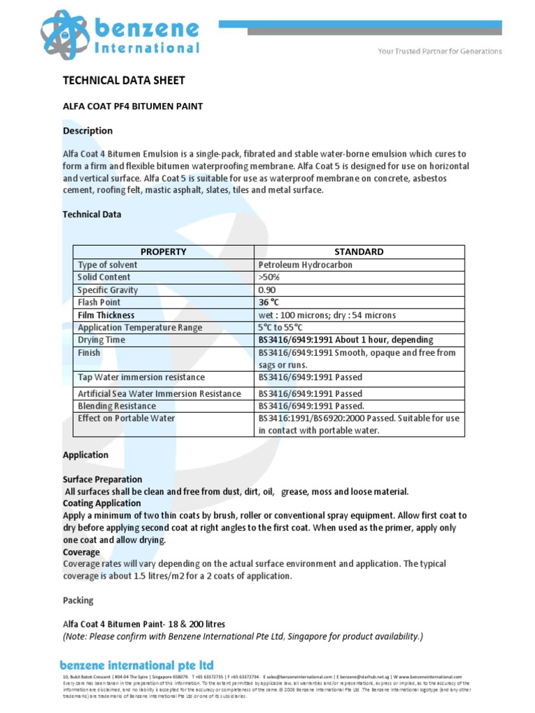 Technical Datasheet Alfacoat PF4 Bitumenpaint | PDF | Asphalt | Paint